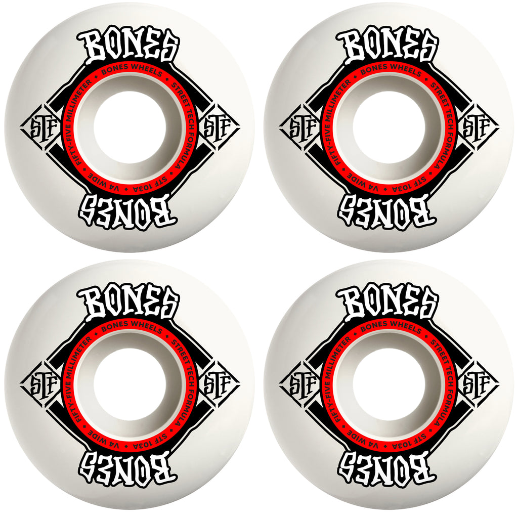 Bones Skateboard Wheels 55mm STF V4 Wide 103A White – TGM Skateboards